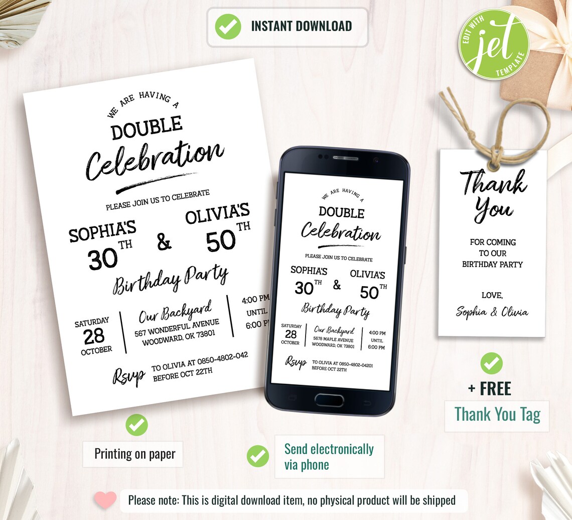 Editable Double Birthday Invitation, Joint Birthday Invite, Any Age ...