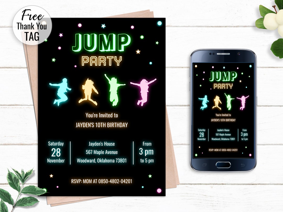 Jump Birthday Invitation, Neon Glow Jumping Trampoline Party ...