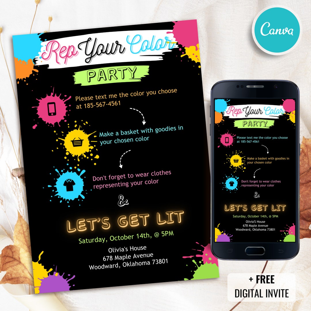 Editable Party Invitation, Rep Your Color, Color Theme Party Invite ...