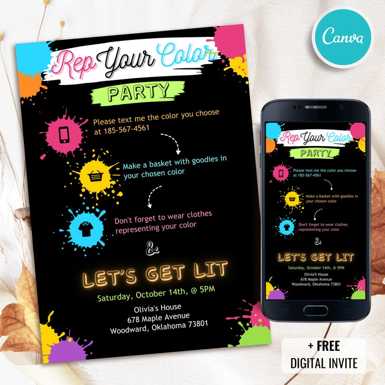 Editable Party Invitation, Rep Your Color, Color Theme Party Invite ...