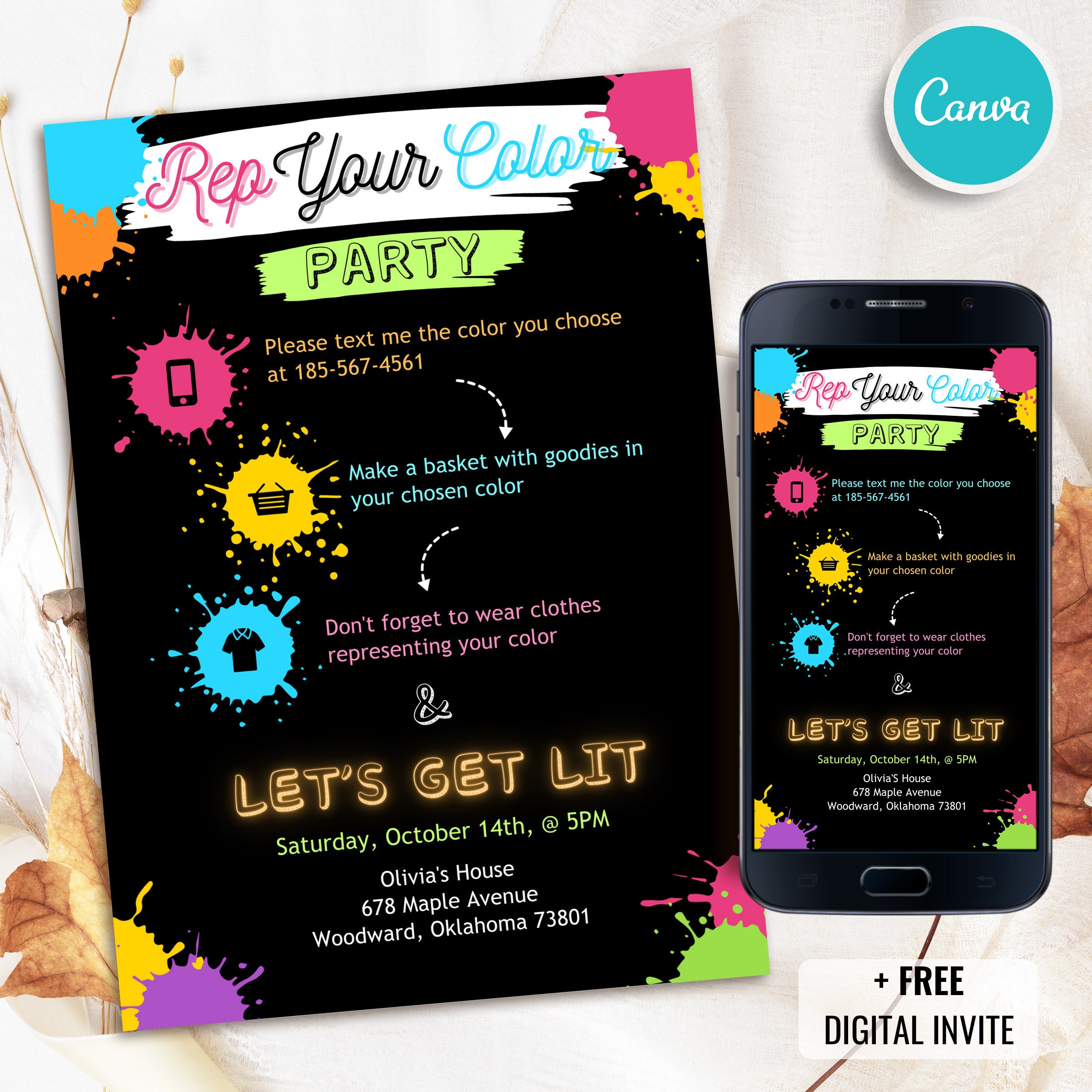 Editable Party Invitation, Rep Your Color, Color Theme Party Invite ...