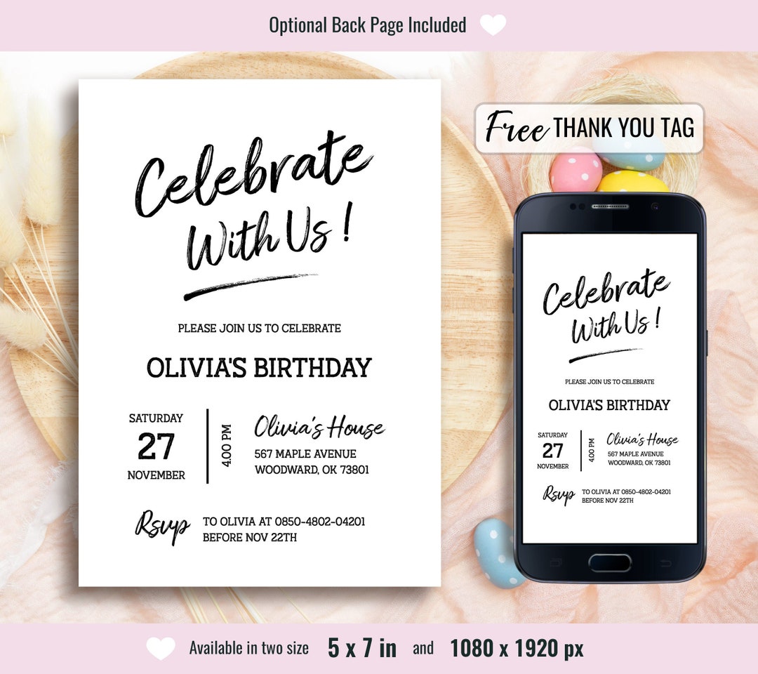 Simple Party Invite, Minimalist Birthday Invitation, Adult and Teen ...