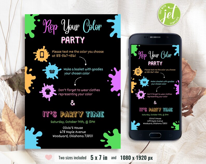 Editable Party Invitation, Rep Your Color, Color Theme Party Invite ...