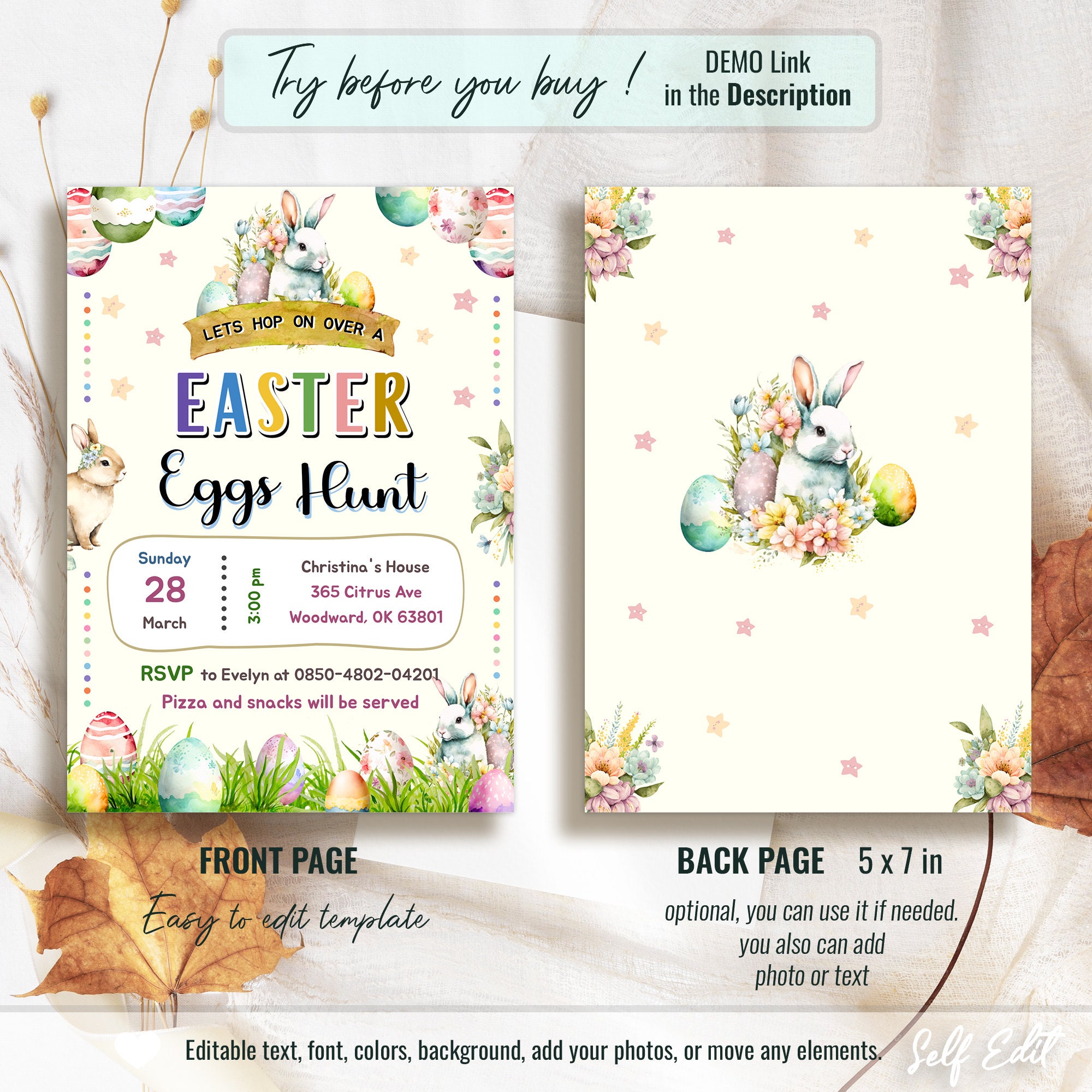 Easter Egg Hunt Invitation, Editable Spring Easter Bunny Invitations ...