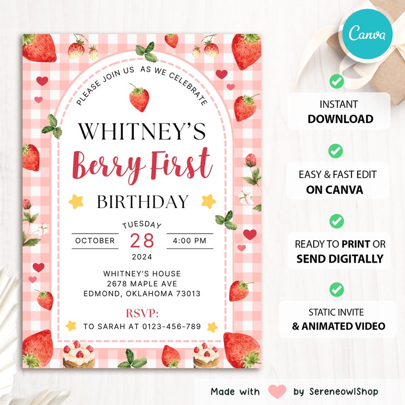 Editable First Berry Birthday Invitation, Strawberry Birthday Theme ...