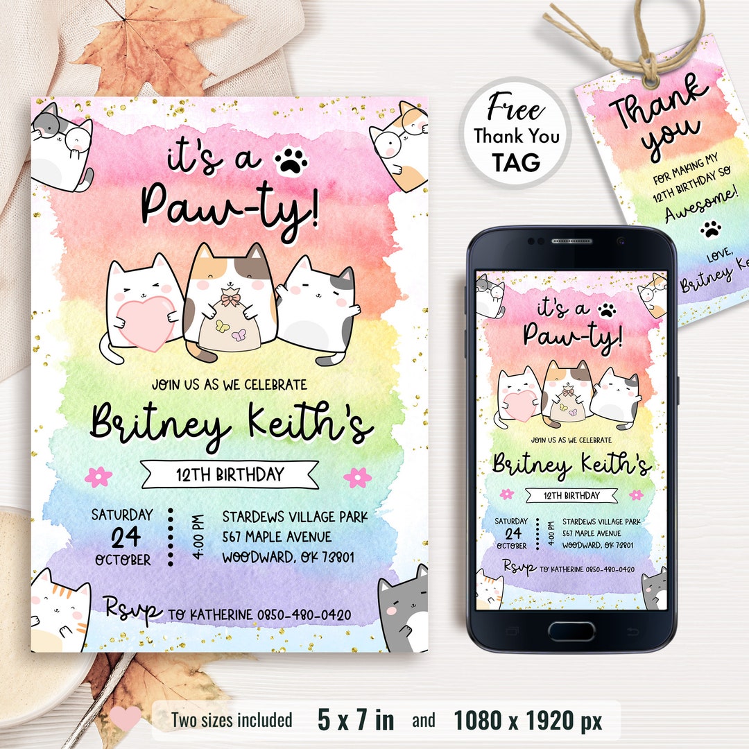 Cat Birthday Invitation, Printable Kitten Invite, Digital Invitation ...