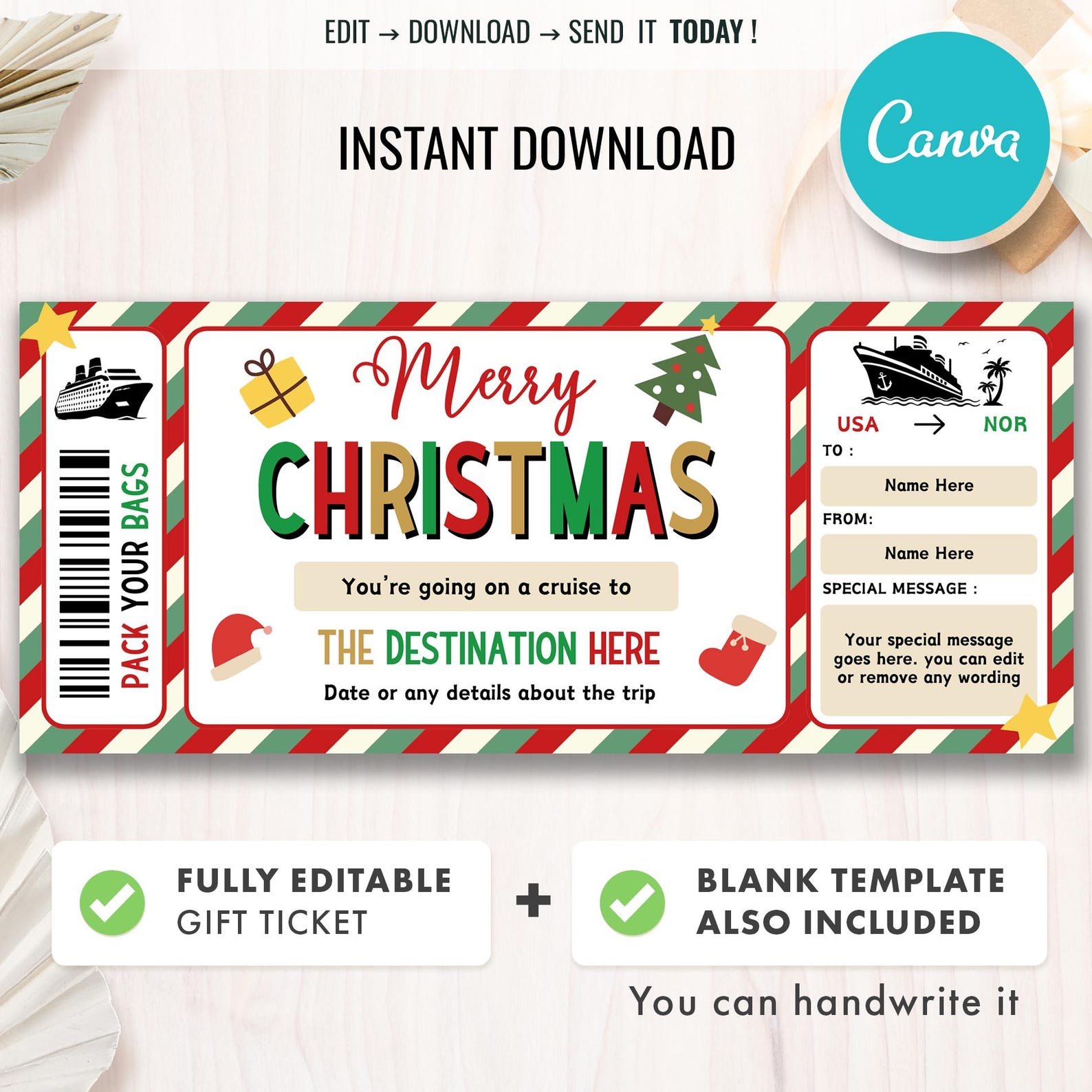 Editable Christmas Gift Voucher, Cruise Trip Ticket, Surprise Gift ...