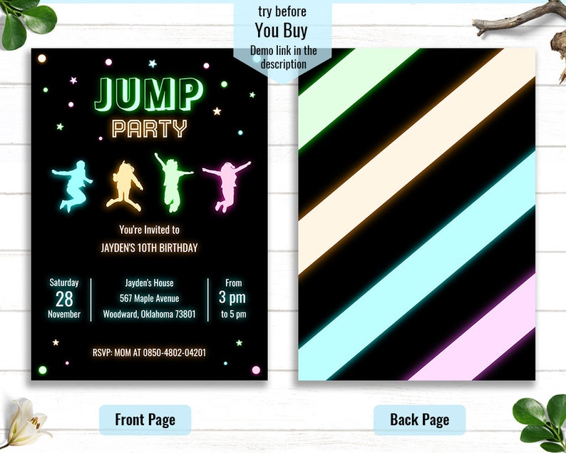 Jump Birthday Invitation, Neon Glow Jumping Trampoline Party ...