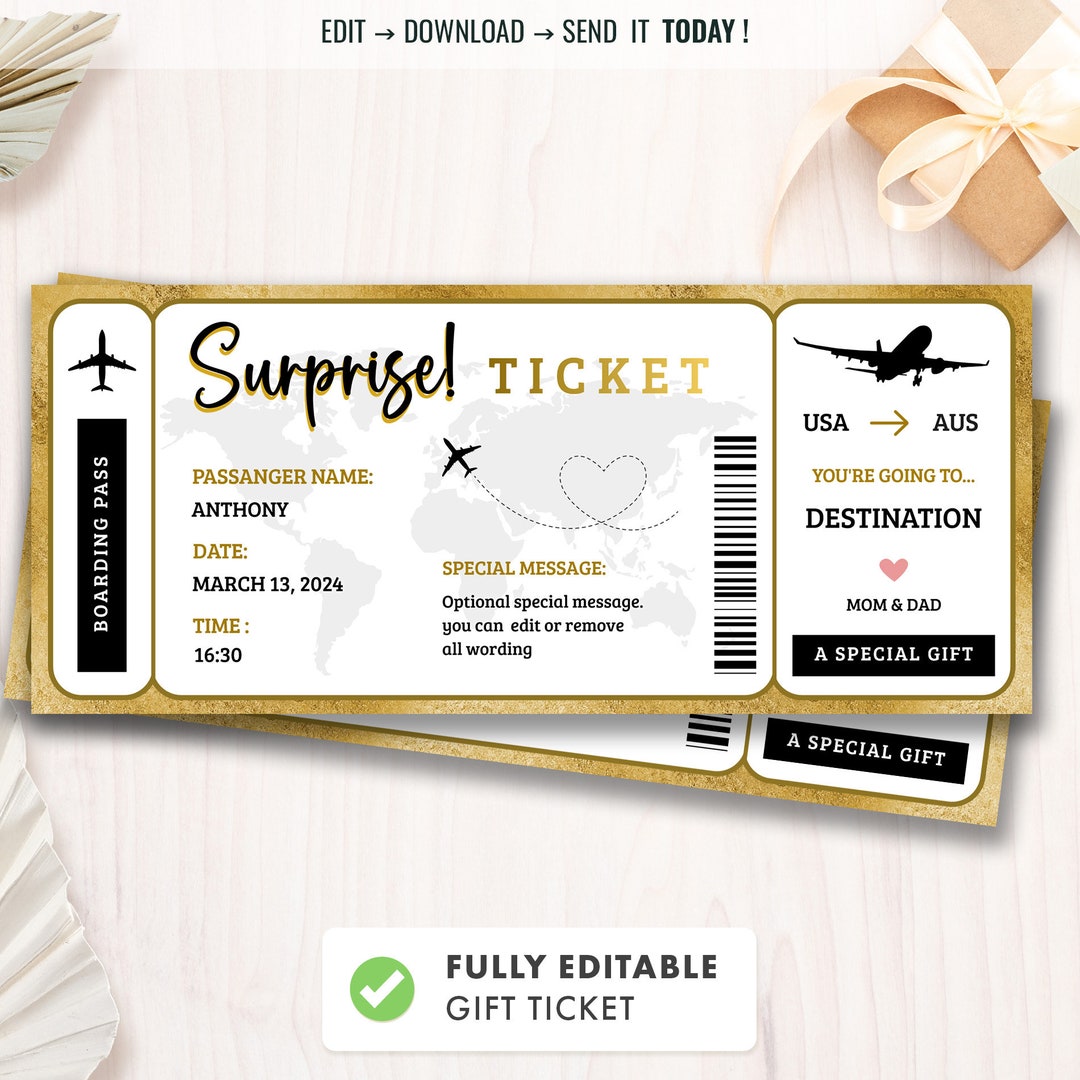 Editable Surprise Trip Ticket, Surprise Boarding Coupon Pass, Event ...