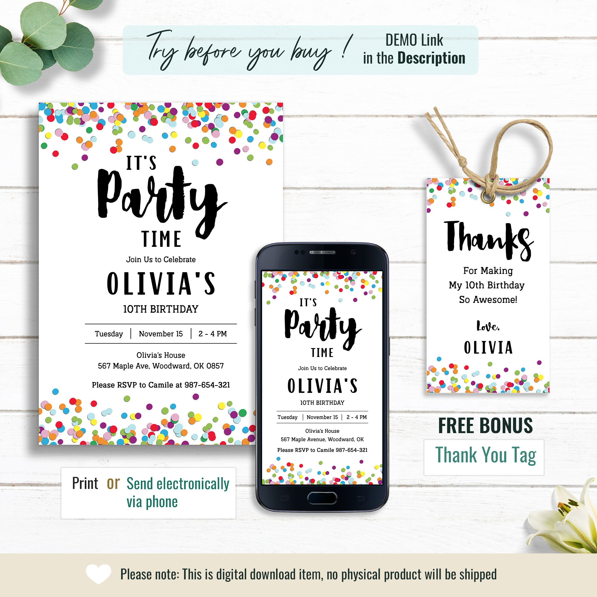 Confetti Party Invitation, It's Party Time, Colorful Invite, Simple ...