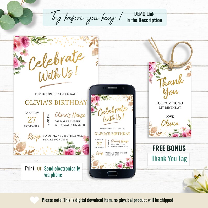 Editable Rose Birthday Invitation, Flower Watercolor Invite, Floral ...