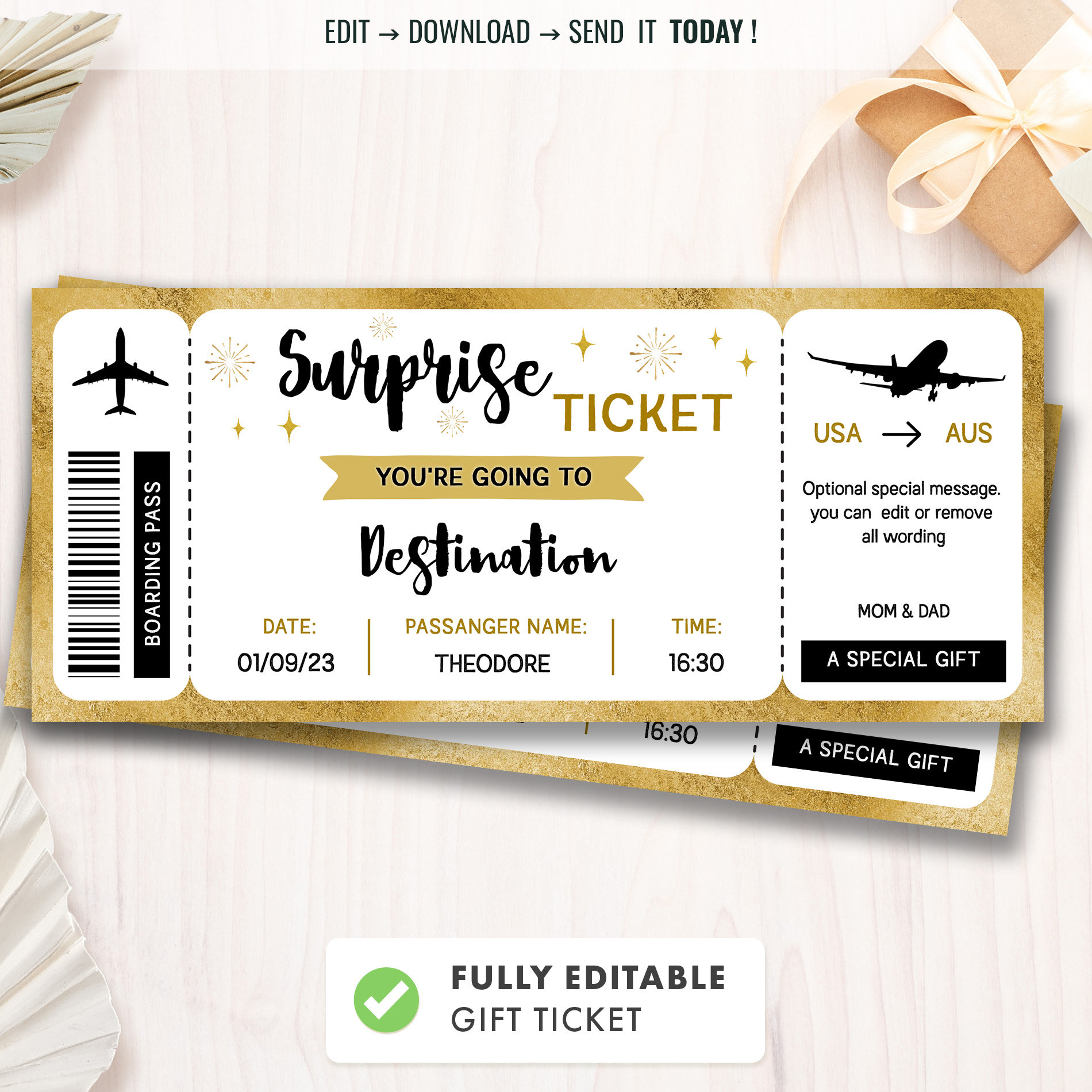 Editable Surprise Trip Ticket, Surprise Boarding Coupon Pass, Event ...