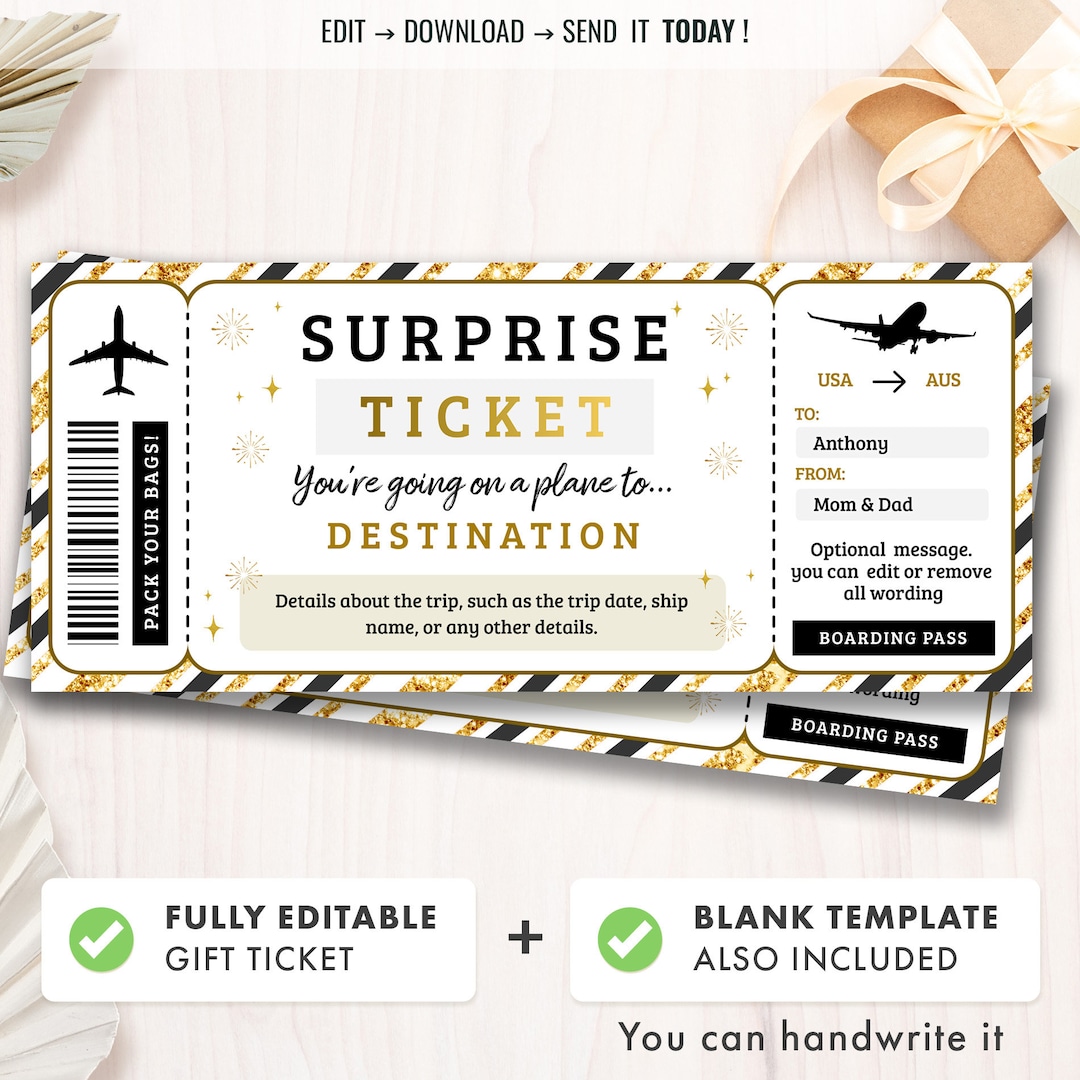 Editable Surprise Trip Ticket, Surprise Boarding Coupon Pass, Event ...