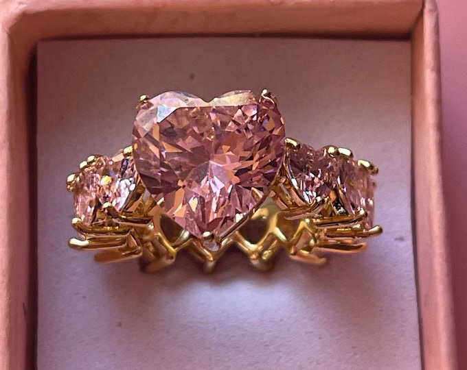 Pink HEART ICY RING Pink Heart Gold Ring Pink Heart Stone Ring ...