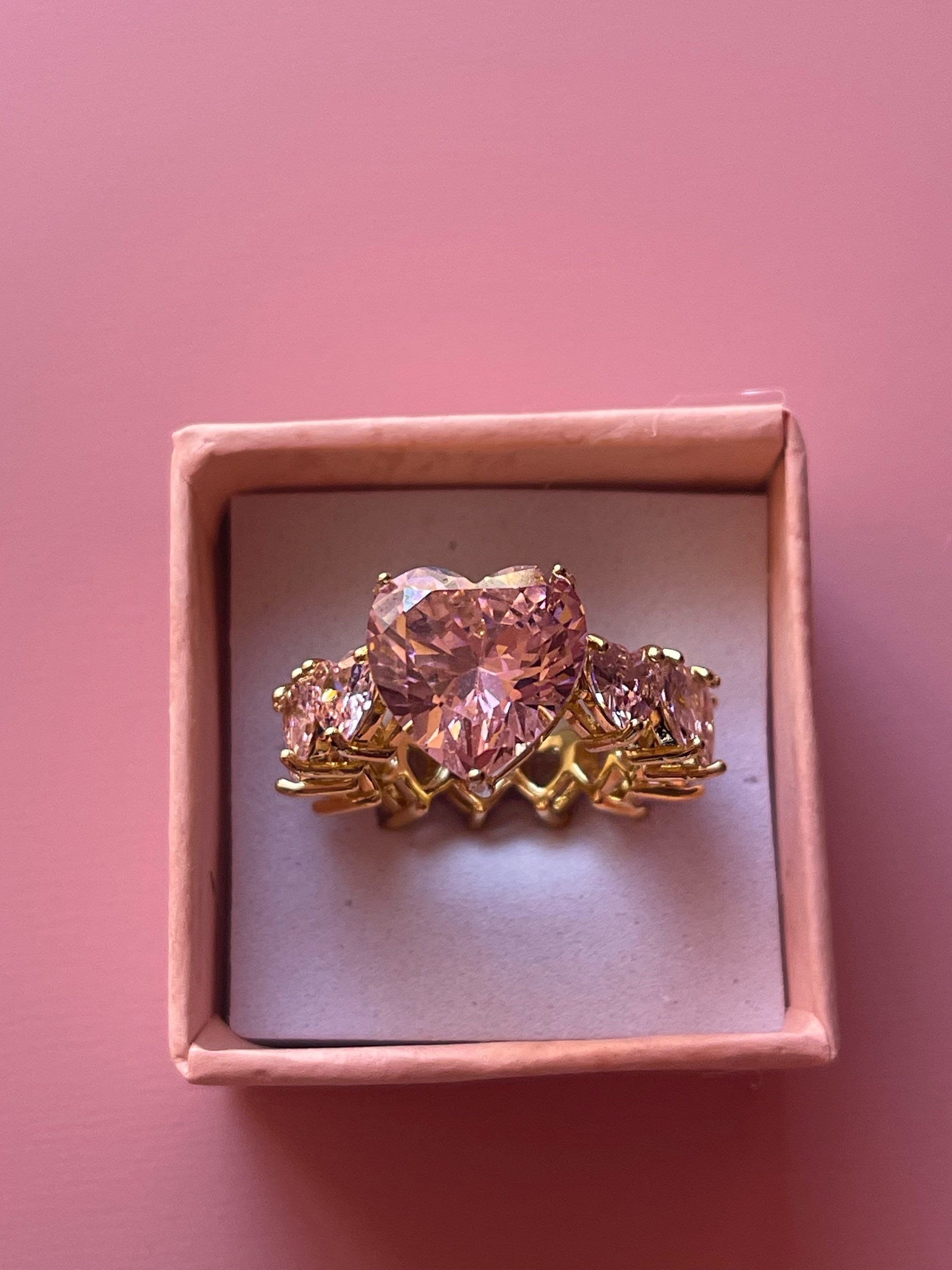 Pink HEART ICY RING Pink Heart Gold Ring Pink Heart Stone - Etsy