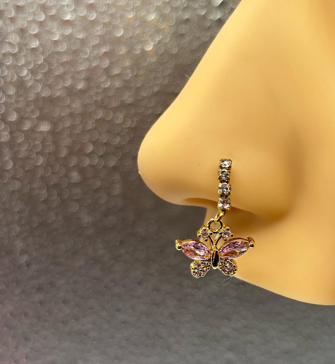 White & Pink BUTTERFLY Nose Ring | White Pink Gem Nose Ring With ...