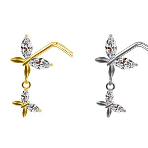 DOUBLE BUTTERFLY Dangle Nose Stud L Shape Gold Nose Hoop Dangle Nose ...