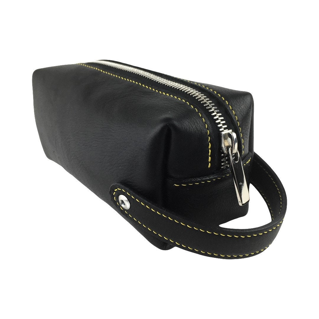 Black Haas Box Calf Leather Dopp Kit Toiletries Bag With Yellow ...