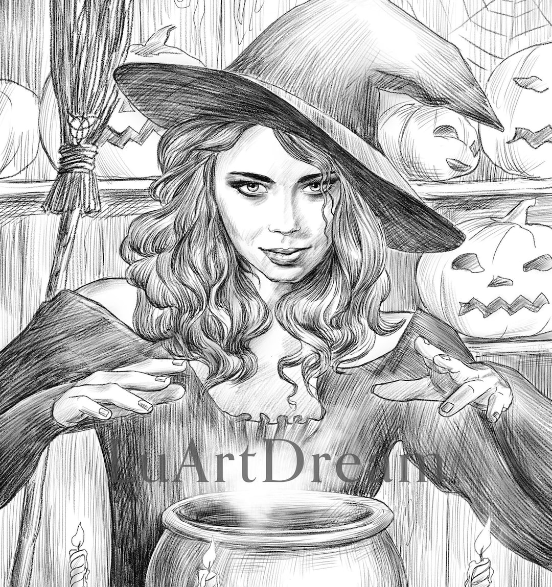 Witch Halloween Coloring Page Digital Download Illustration PDF JPG ...