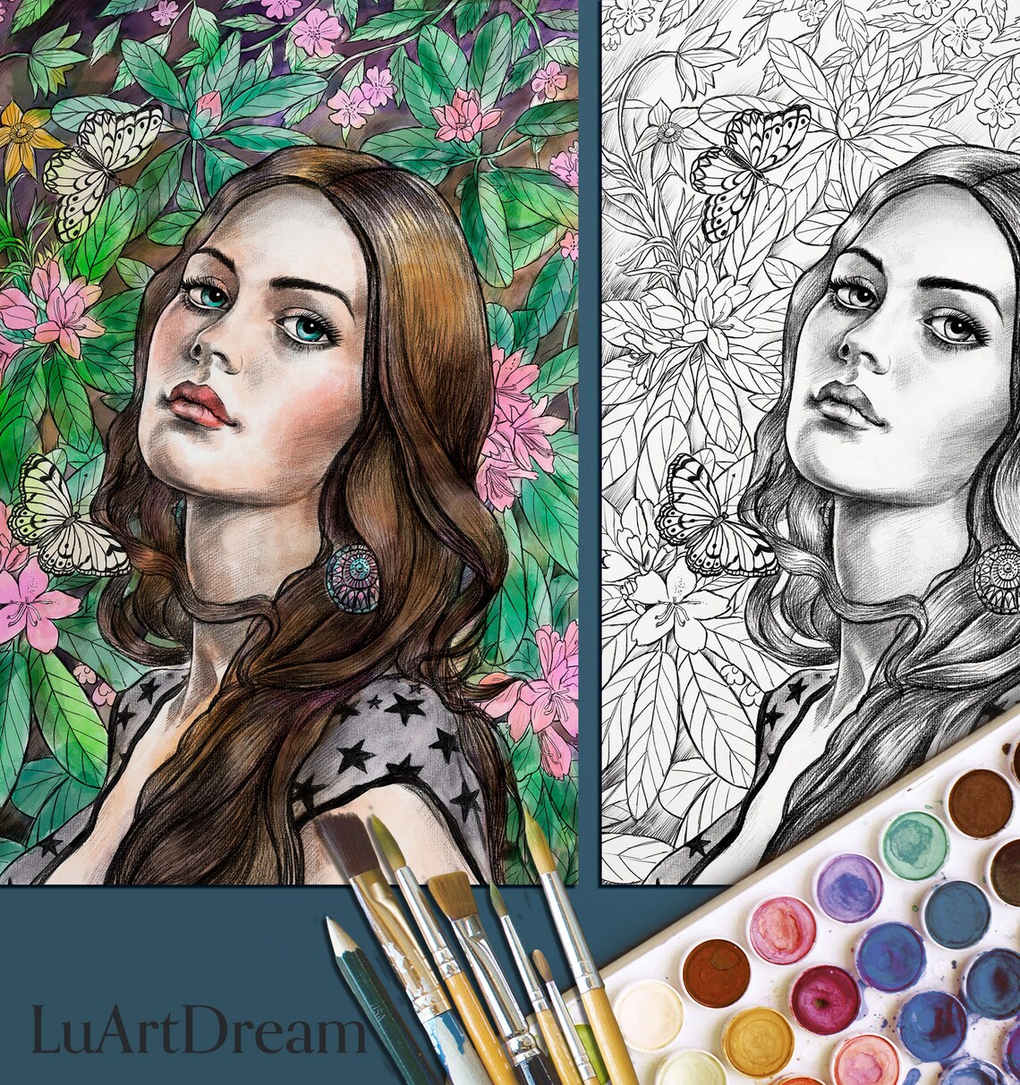 Spring Adult Coloring Page Beautiful Woman Printable | Etsy