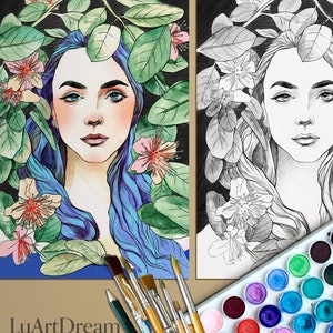 Magic Garden Coloring Page Printable Grayscale Coloring | Etsy