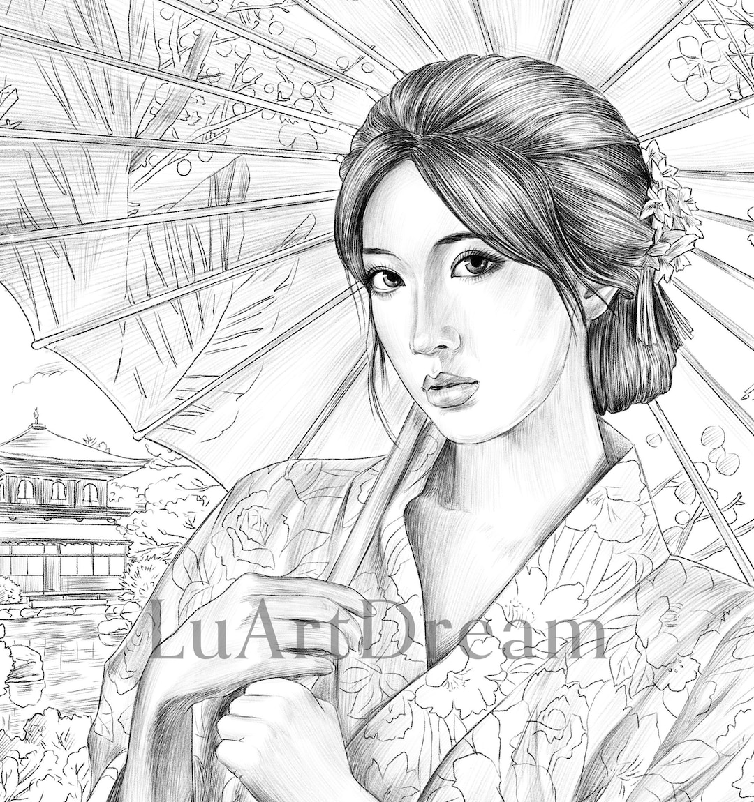 Japanese Beauty Geisha Coloring Page Digital Download Illustration PDF ...