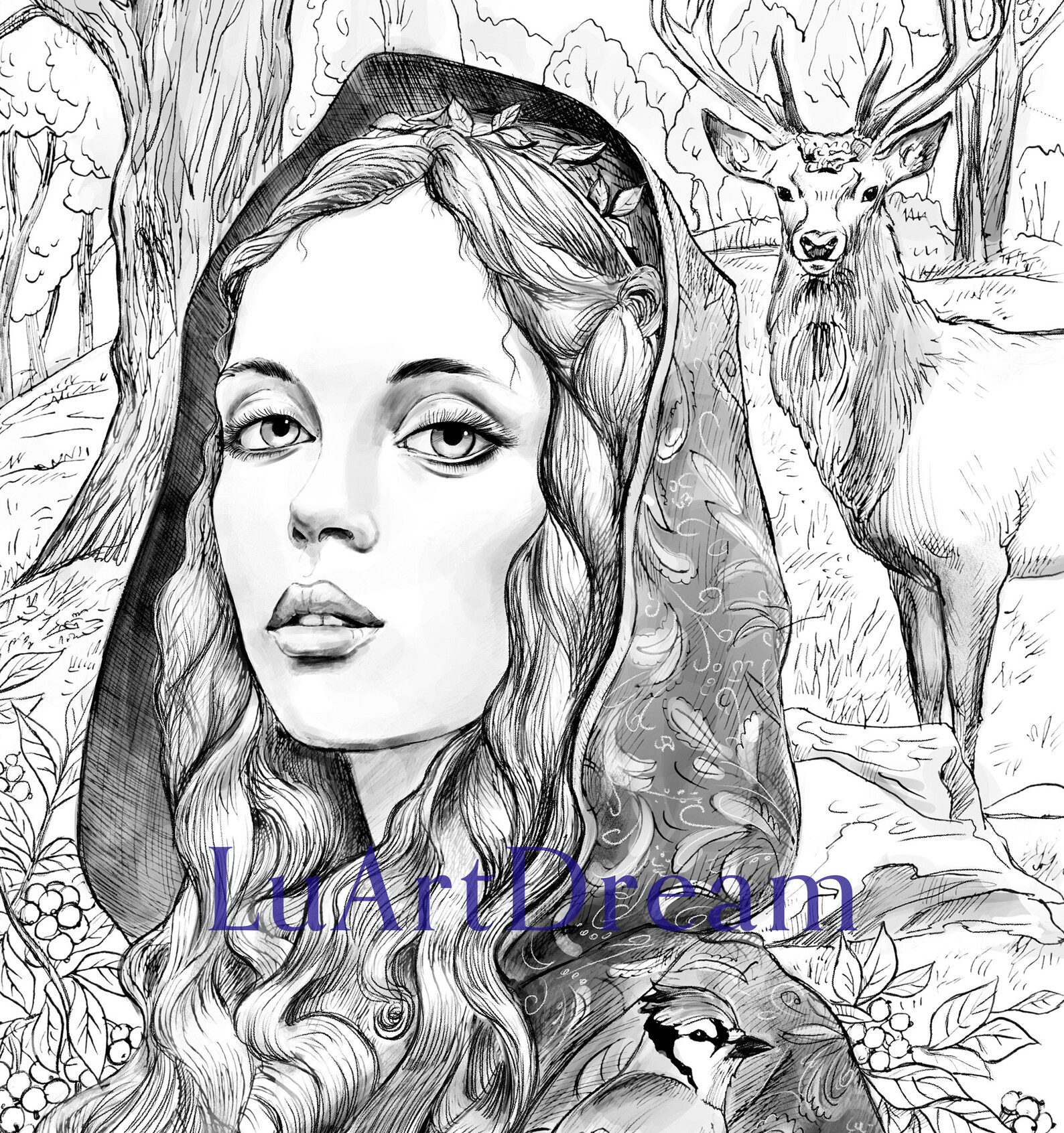 Wood Fairy Adult Coloring Page Beautiful Woman Printable - Etsy