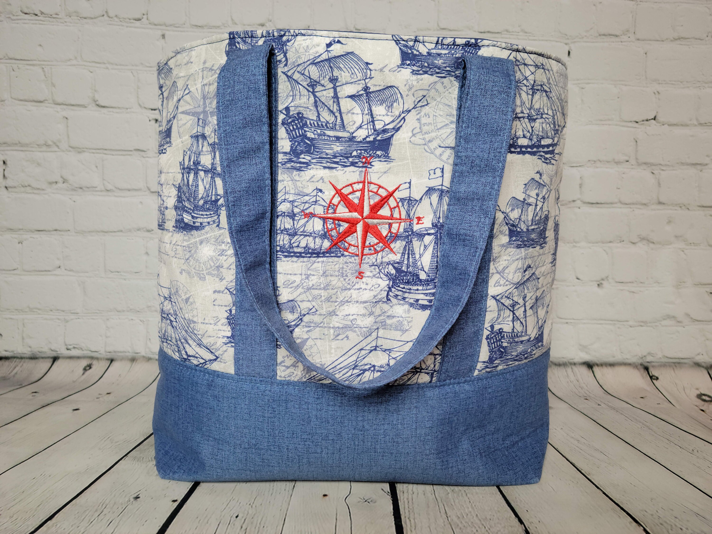Tall Ships Nautical Tote With Embroidered Compass Rose - Etsy