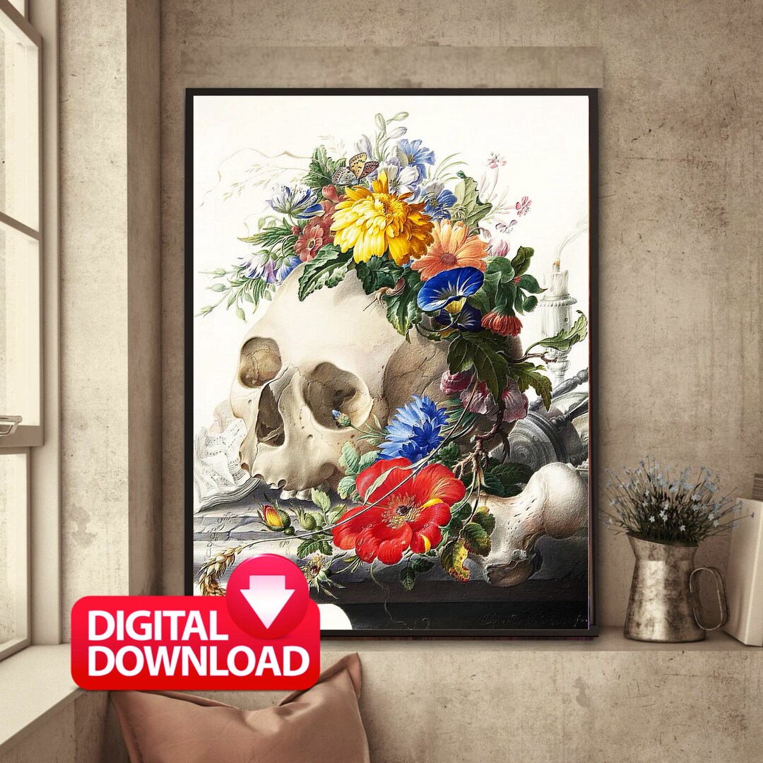 Skull With Flowers Printable, Floral Skull Print, Vanitas Still Life ...