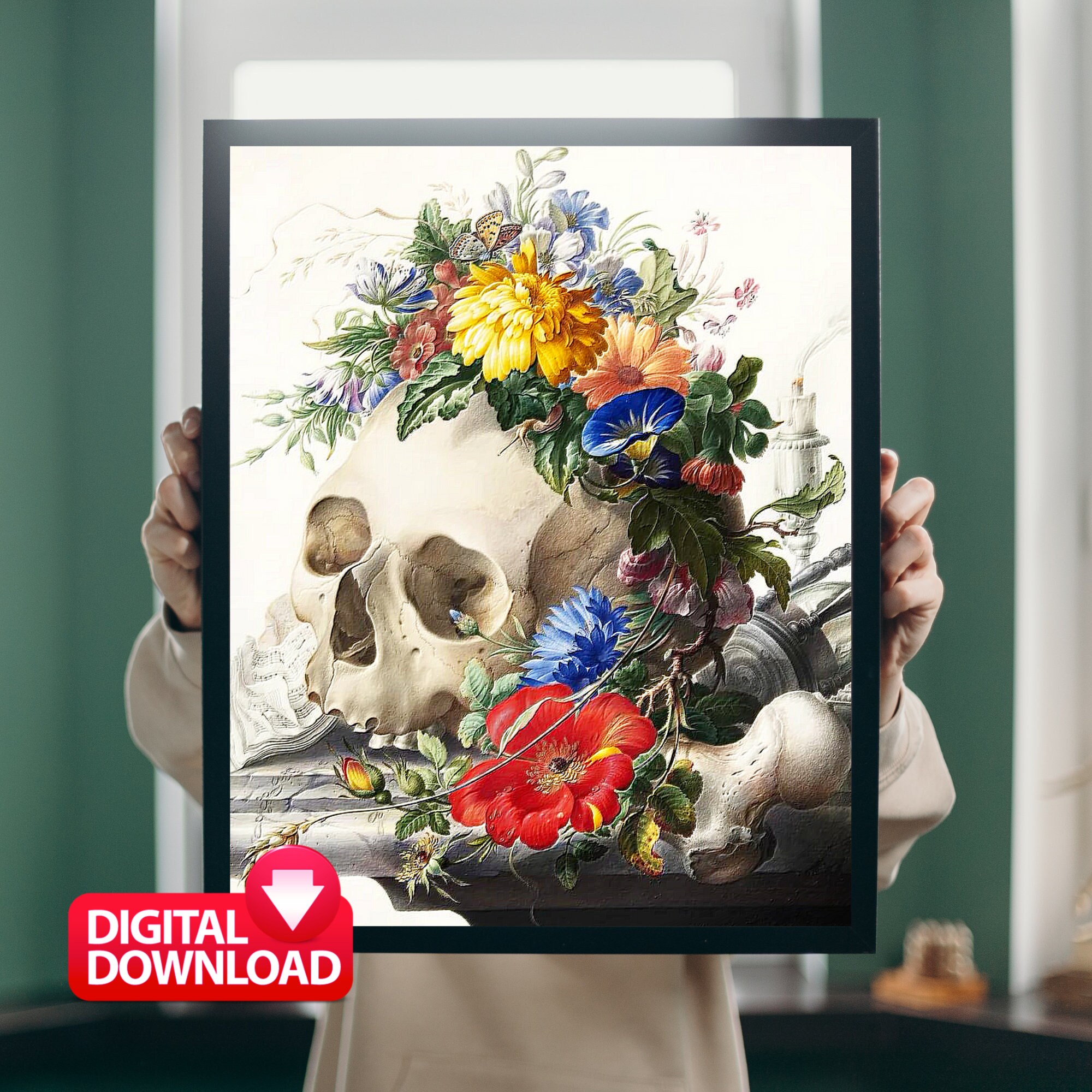 Skull With Flowers Printable, Floral Skull Print, Vanitas Still Life ...