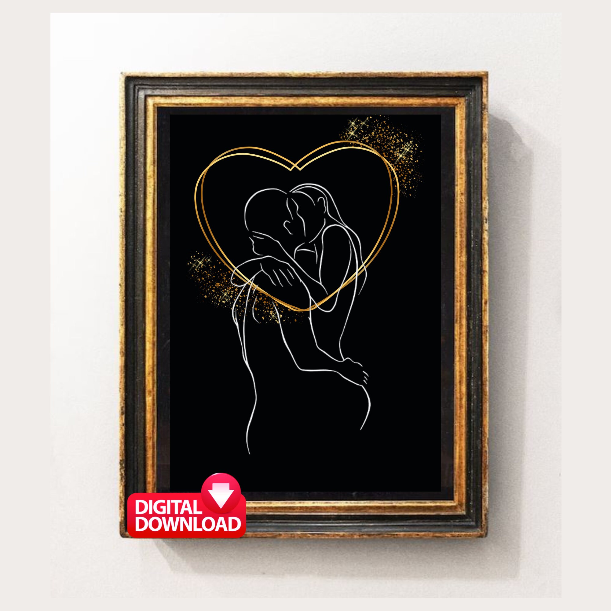 Abstract Kiss Line Art Couple Man And Woman Hugging Wall Art Print