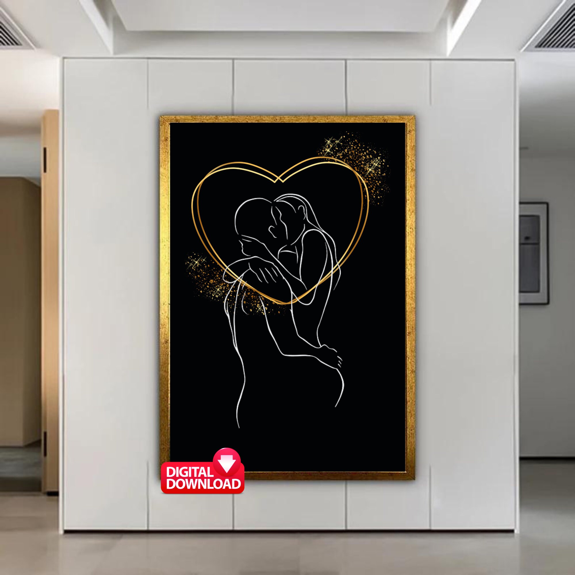 Abstract Kiss Line Art Couple Man And Woman Hugging Wall Art Print
