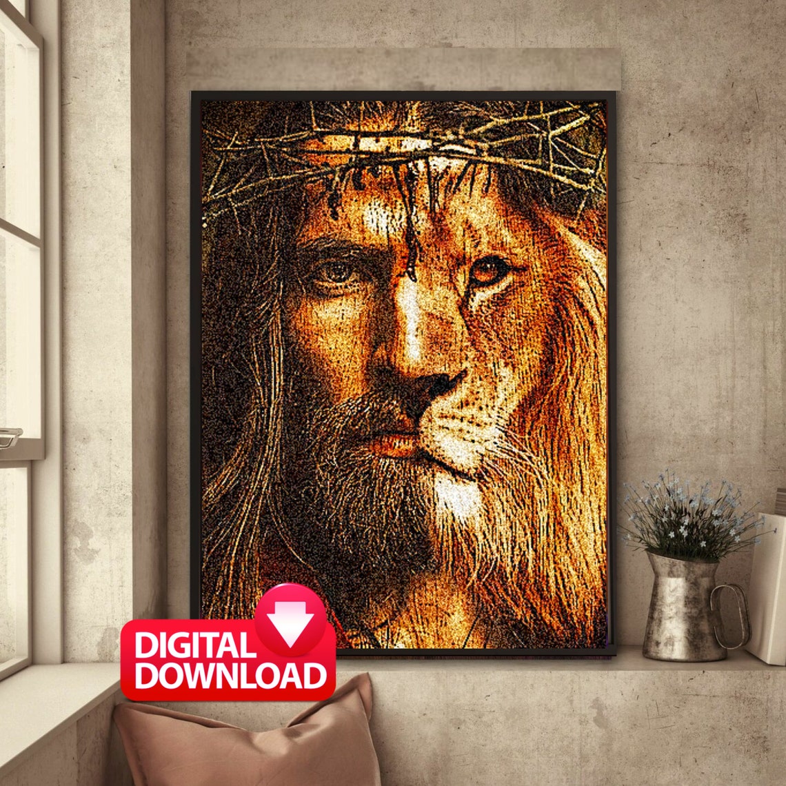 Lion of Judah Wall Art Digital Download, Painting of Jesus and Lion, Jesus Picture, Modern ...