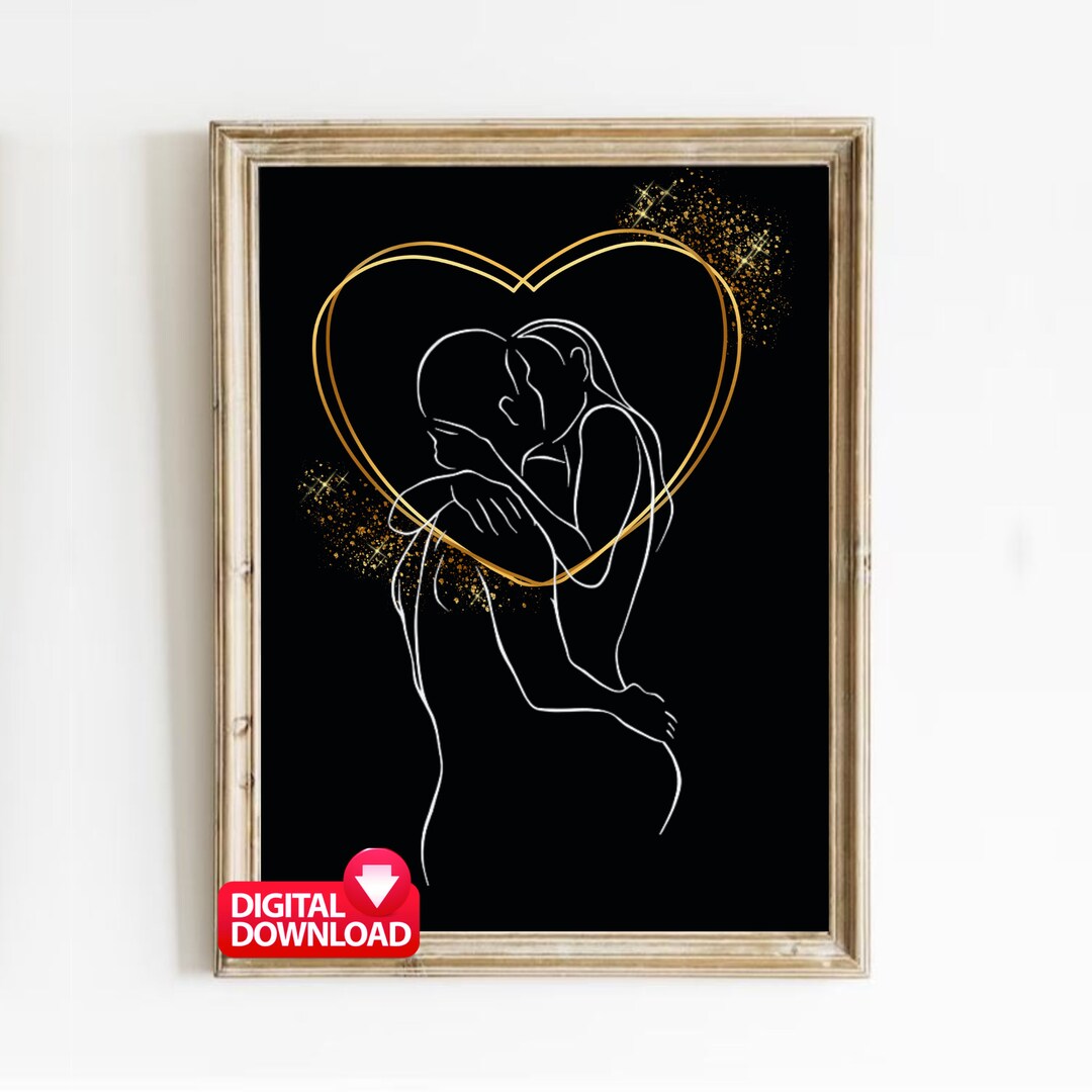 Abstract Kiss Line Art, Couple Man and Woman Hugging Wall Art Print ...
