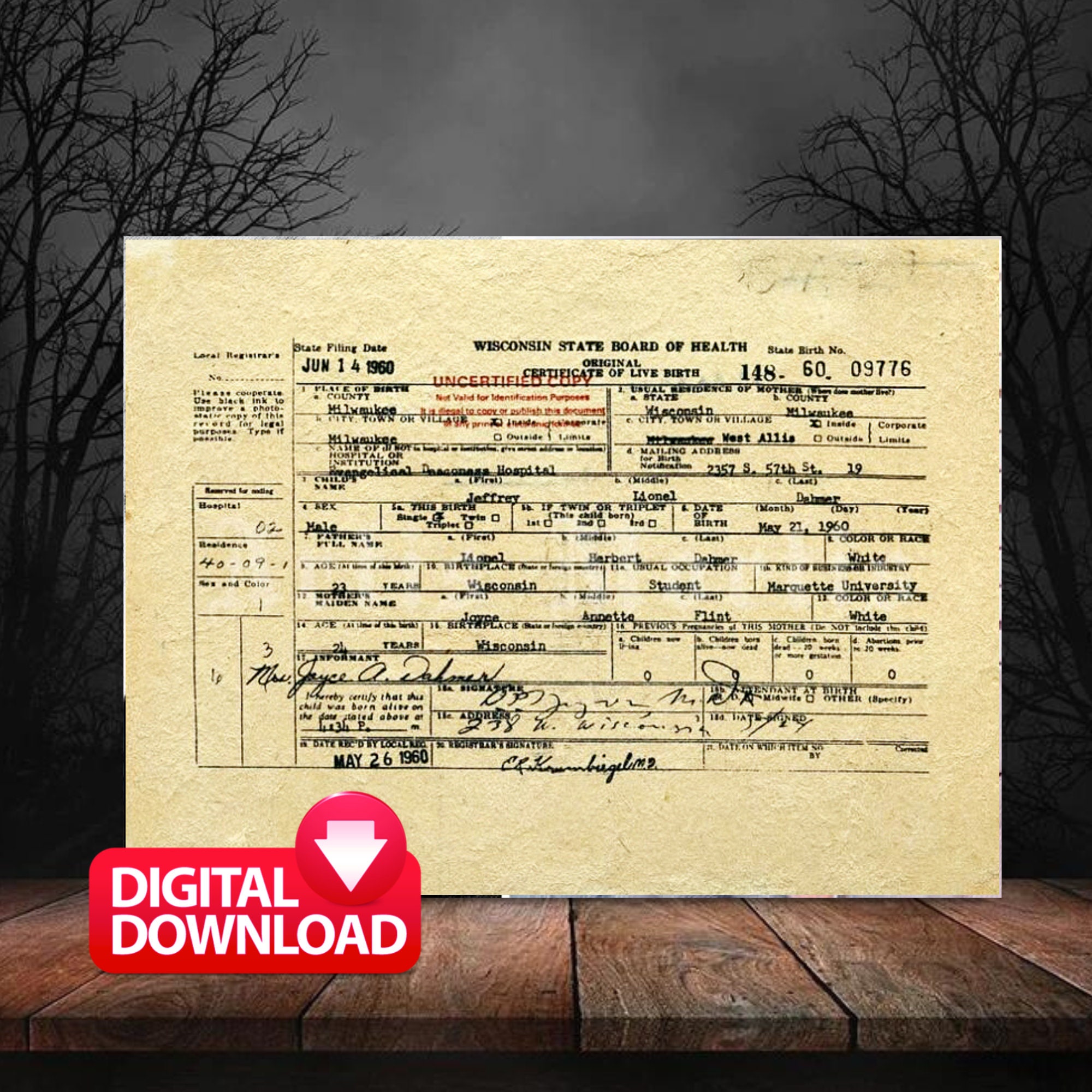 JEFFREY DAHMER Birth Certificate, American Serial Killer Art Print ...