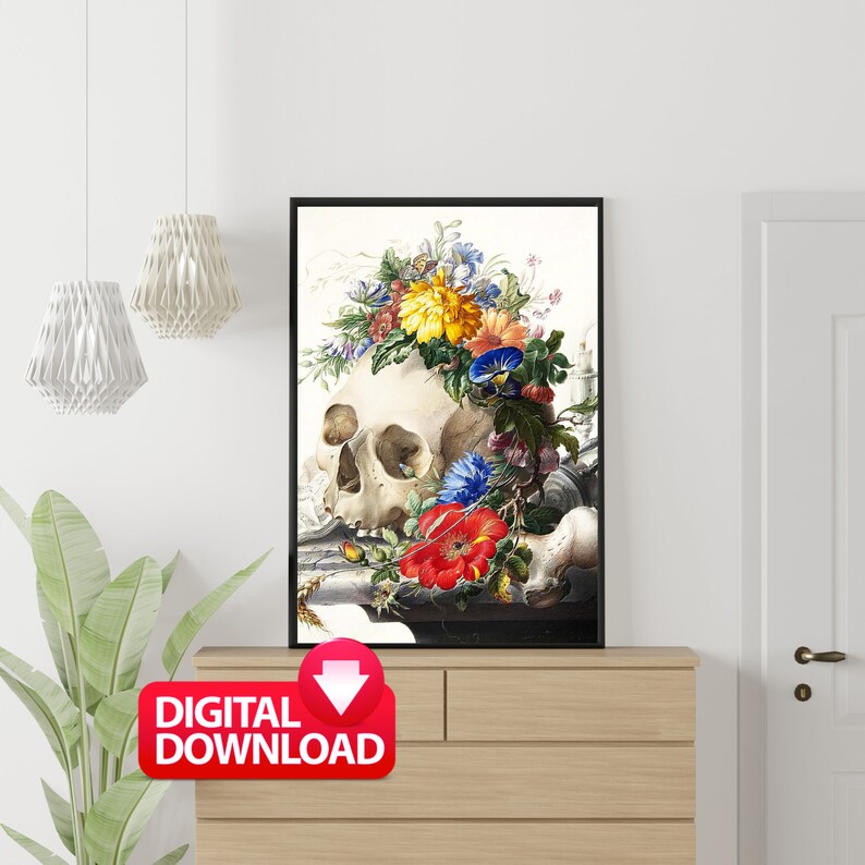 Skull With Flowers Printable, Floral Skull Print, Vanitas Still Life ...