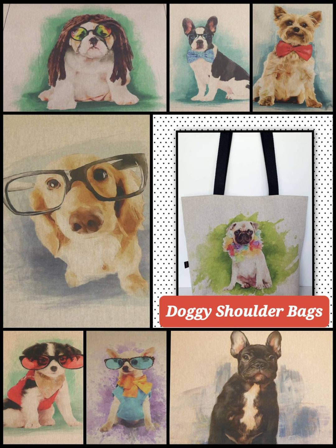 Novelty Dog Shopping Bag With Zipped Pocket, Handmade Linen Look Cotton ...