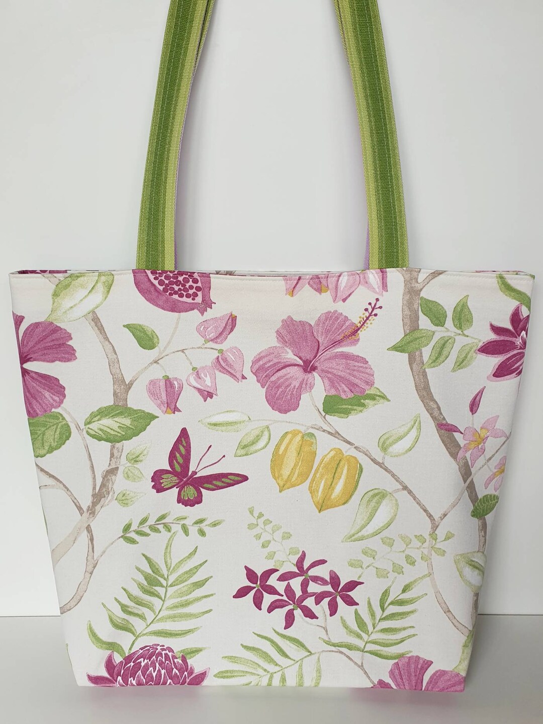 Fuchsia Cotton Tote With Pocket, Handmade Shoulder Bag, Work Floral Bag ...