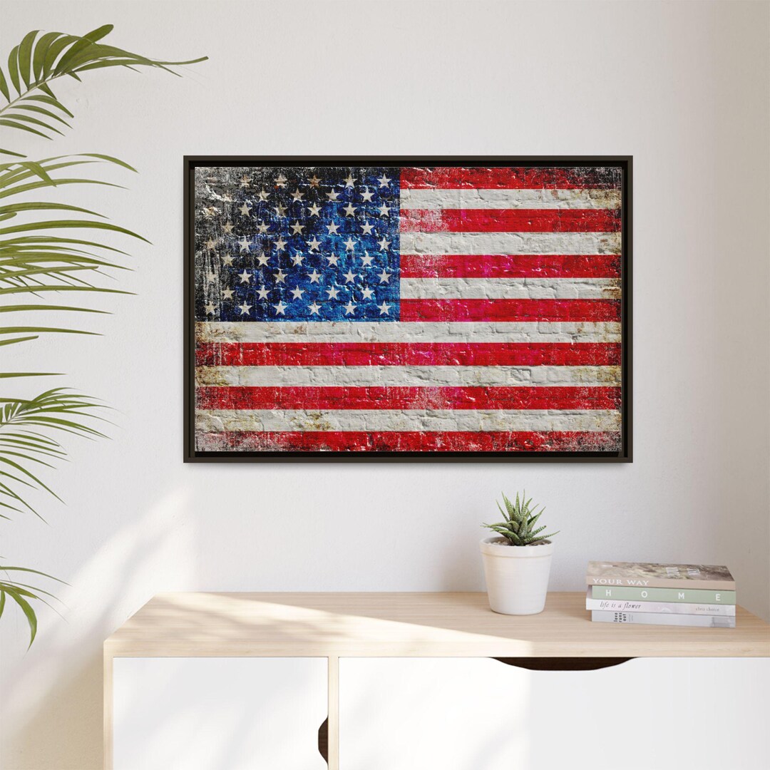 Distressed American Flag on Whitewashed Brick Wall Print on Canvas ...