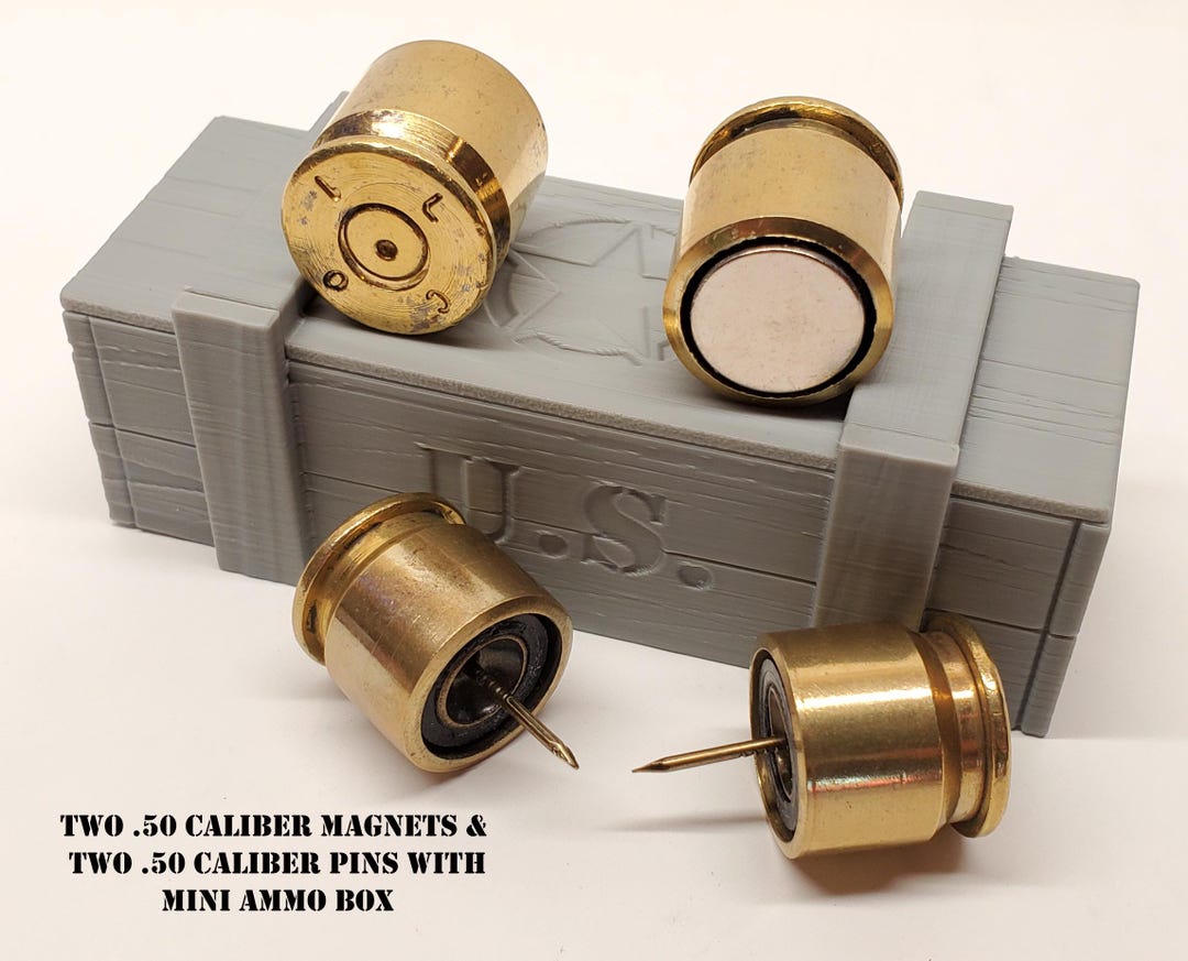 50 BMG Caliber Brass Push Pins and Fridge Magnets With Miniature Ammo ...