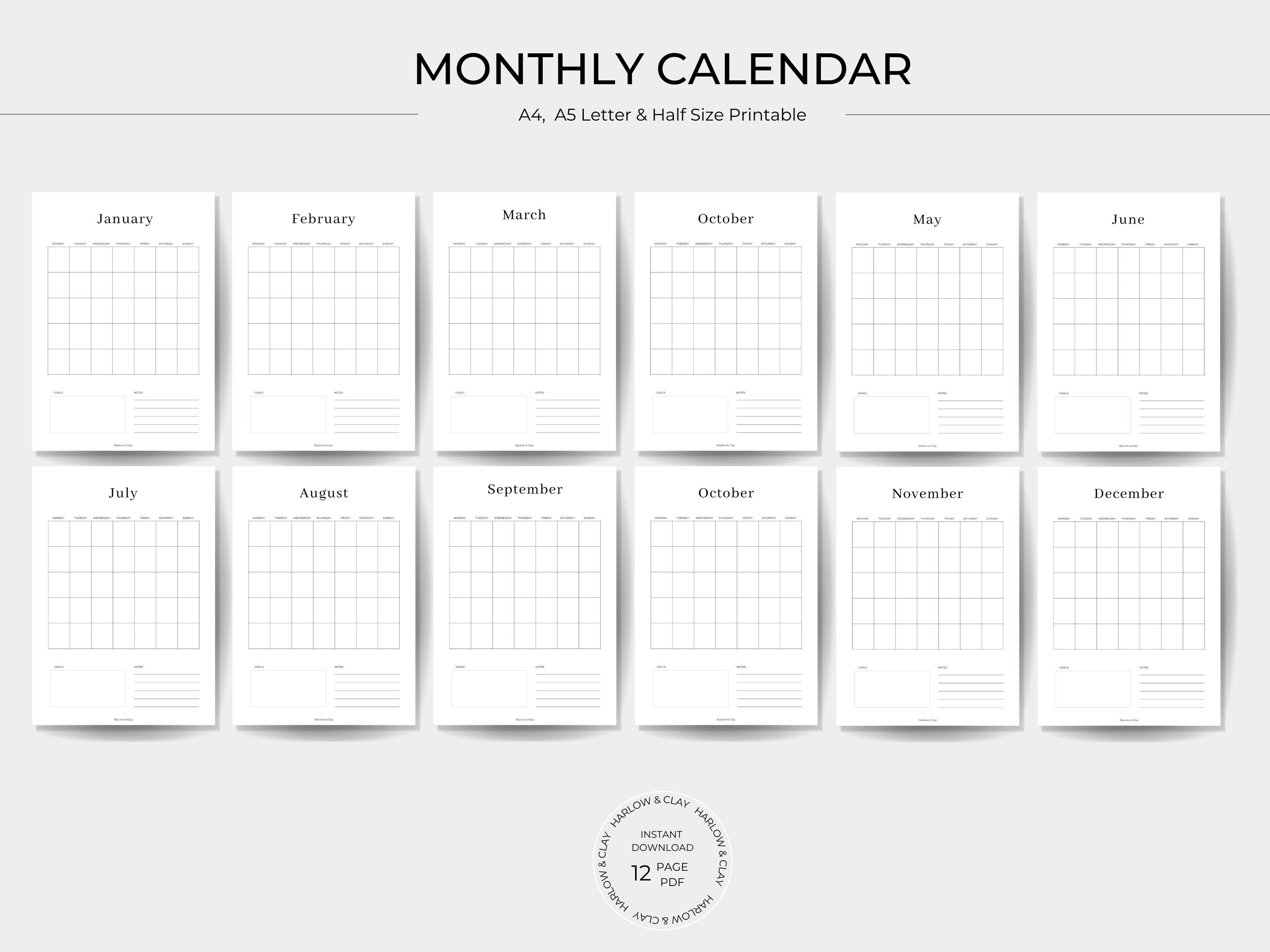 Monthly Calendar Printable Insert , Instant Digital Download, A4, A5 ...