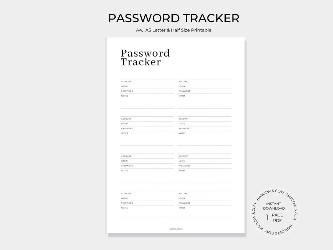 Password Tracker Printable Insert , Instant Digital Download, A4, A5 ...