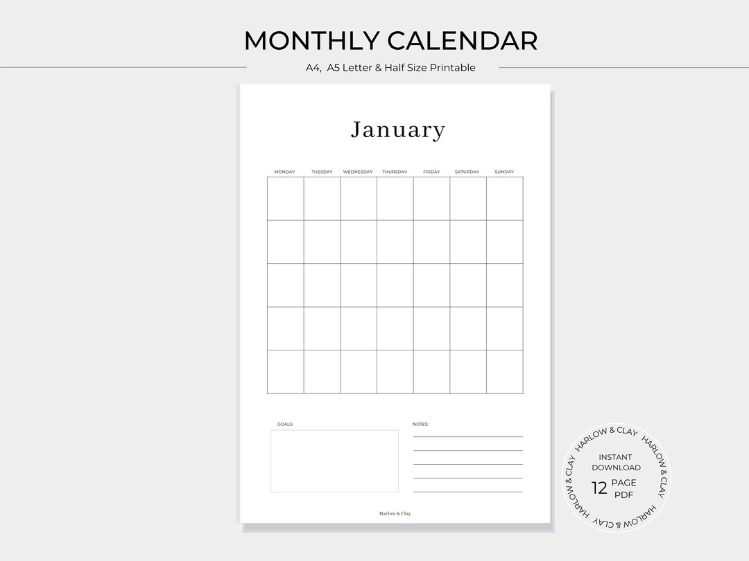 Monthly Calendar Printable Insert , Instant Digital Download, A4, A5 ...