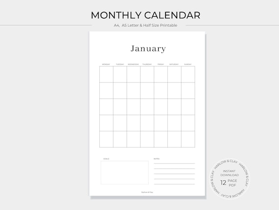 Monthly Calendar Printable Insert Instant Digital Download | Etsy