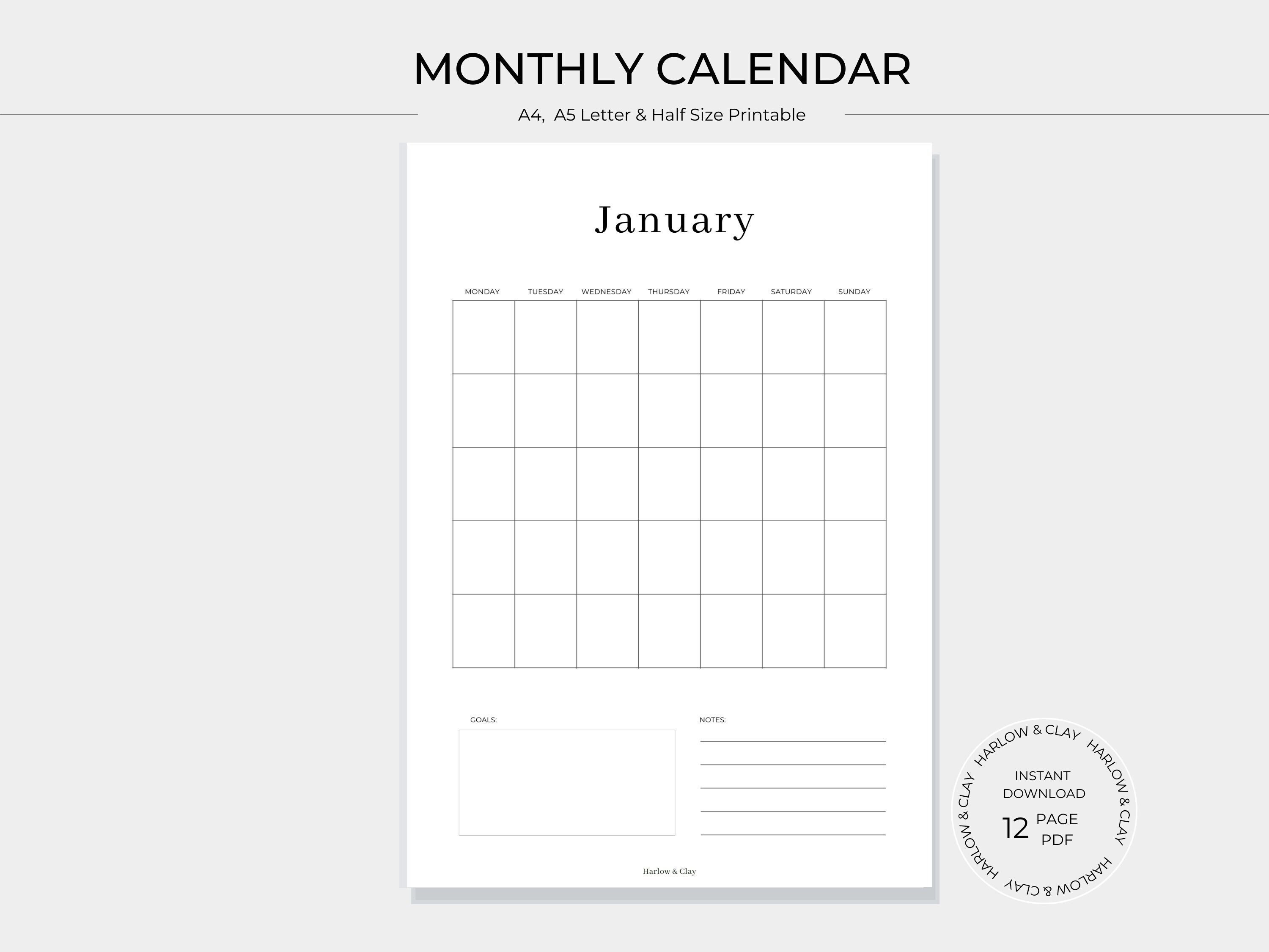 Monthly Calendar Printable Insert , Instant Digital Download, A4, A5 ...