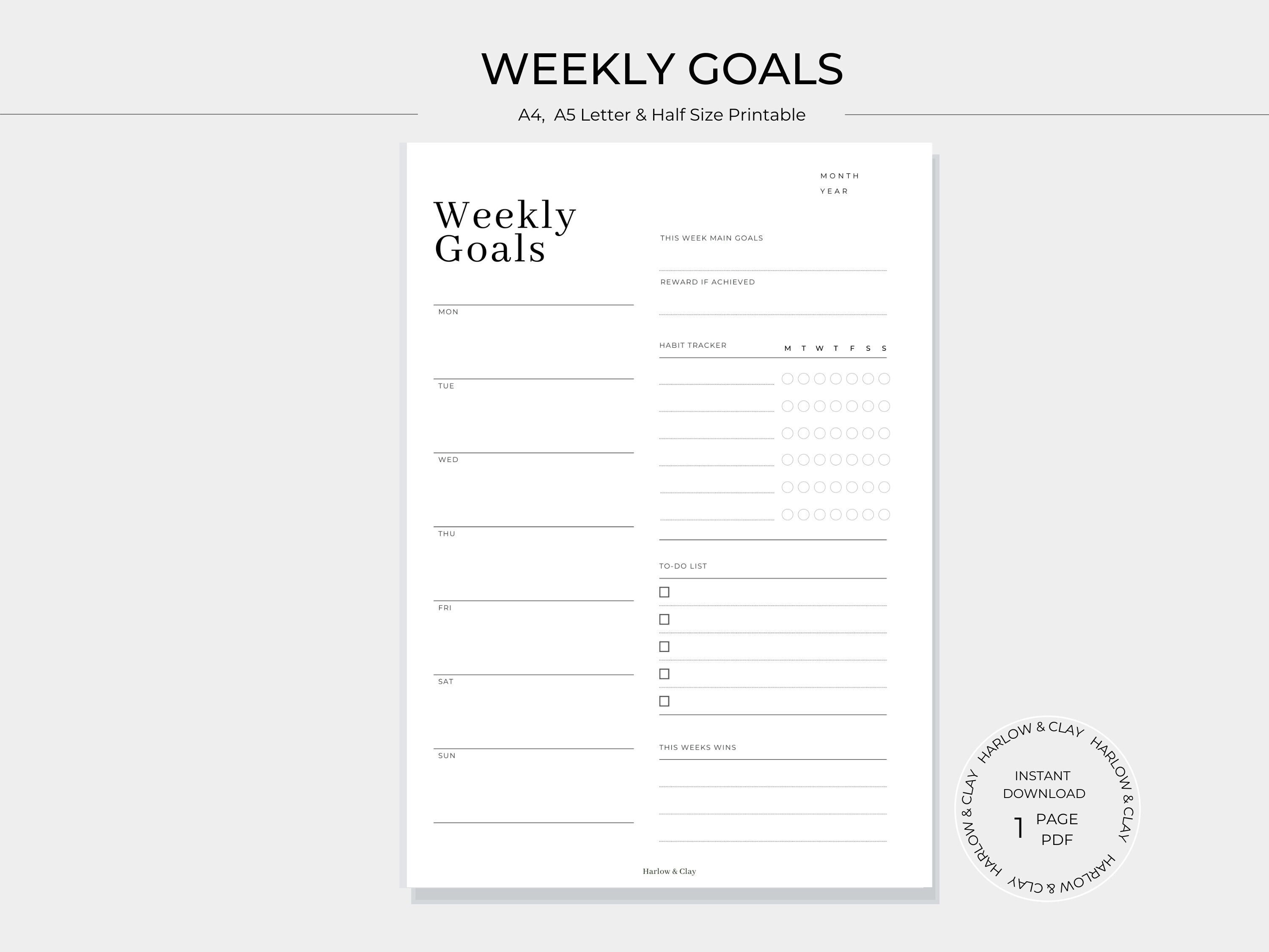 Weekly Goals Planner Printable Planner Insert , Instant Digital ...