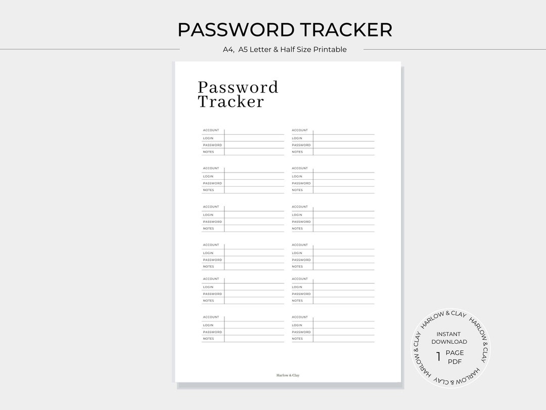 Password Tracker Printable Insert , Instant Digital Download, A4, A5 ...