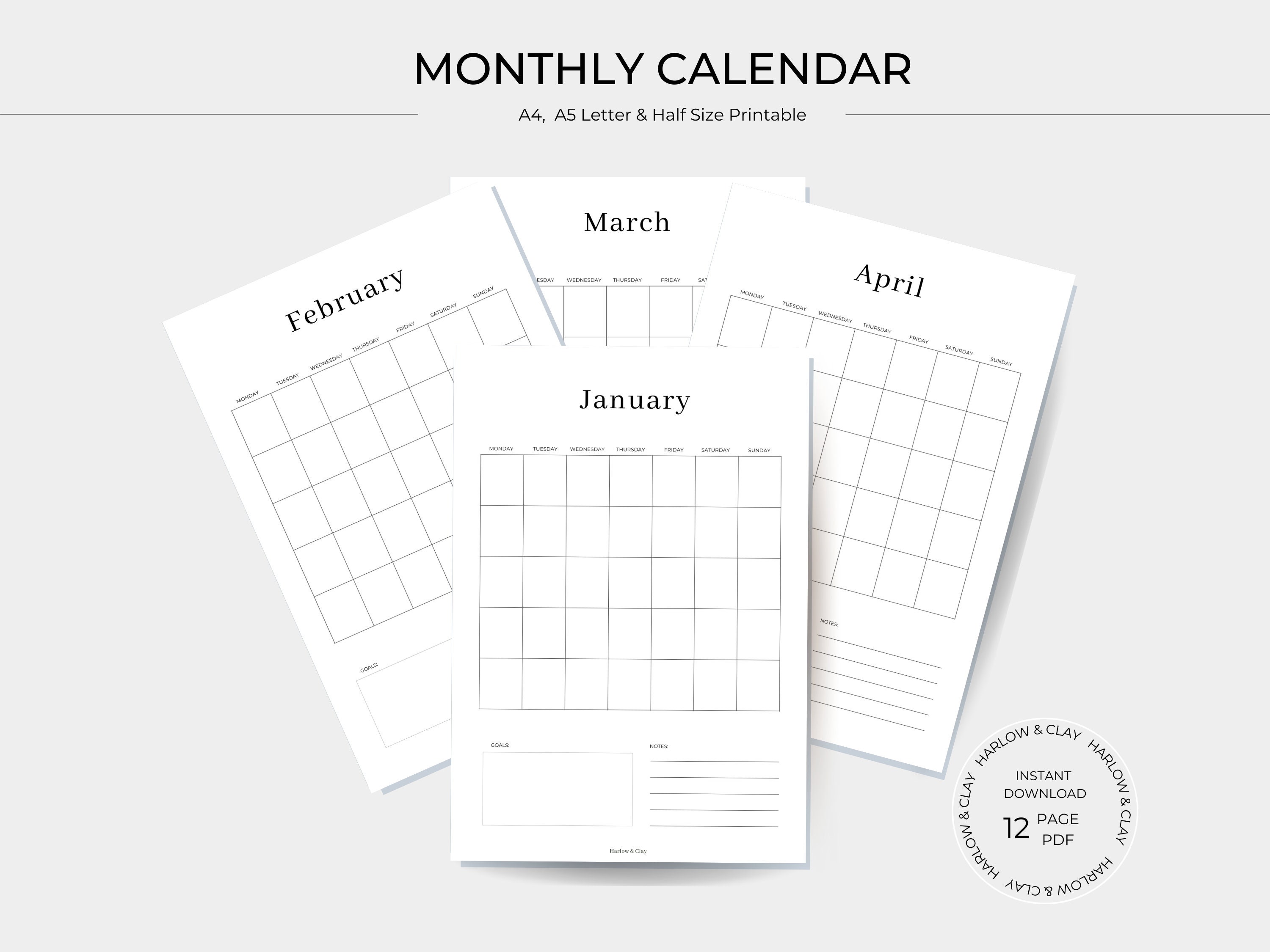 Monthly Calendar Printable Insert , Instant Digital Download, A4, A5 ...