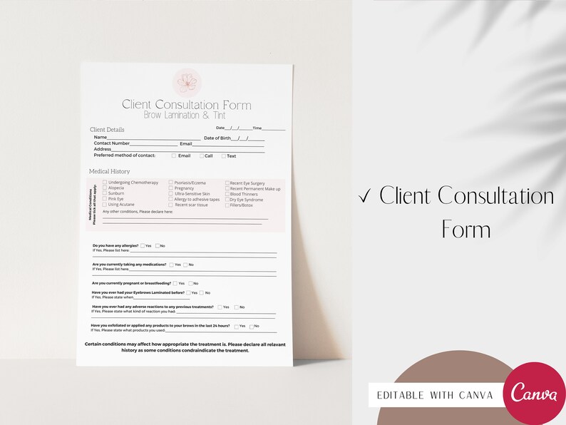 Editable Brow Lamination and Tint Consultation Form Bundle, Consent ...