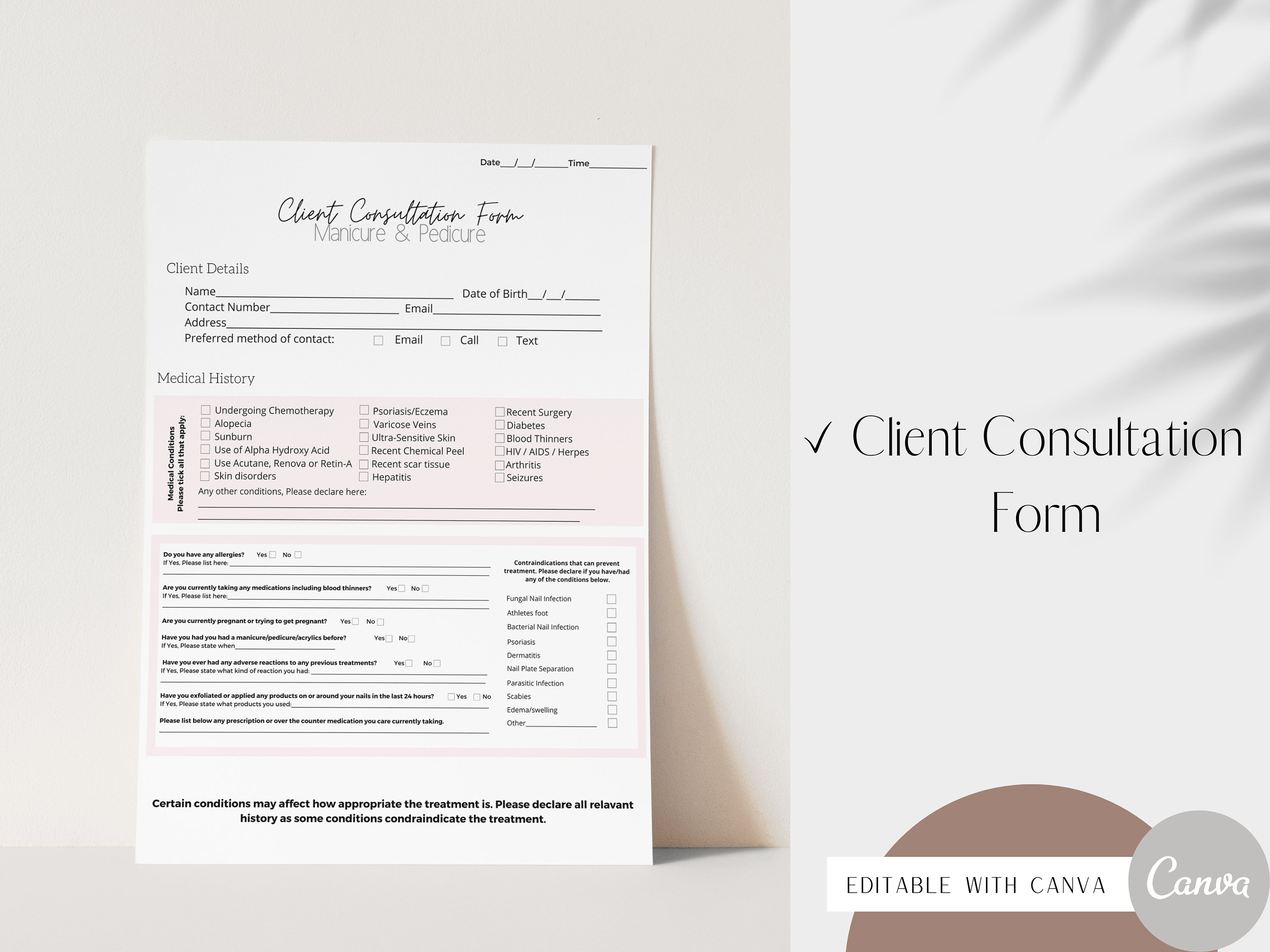 Nail Consultation Form, Nail Technician Form, Client Intake, Manicure ...